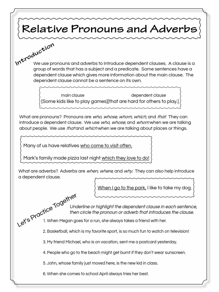 Relative Pronouns and Adverbs: Intr Oduc Tion | PDF | Clause | Semantic ...