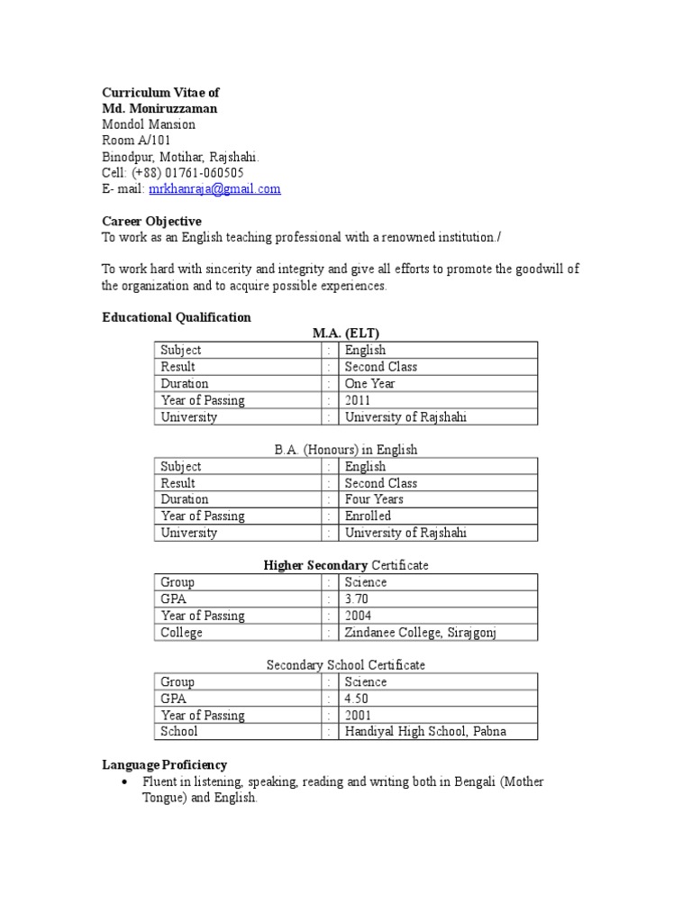 Curriculum Vitae of Monir - Recent | PDF | Curriculum | University