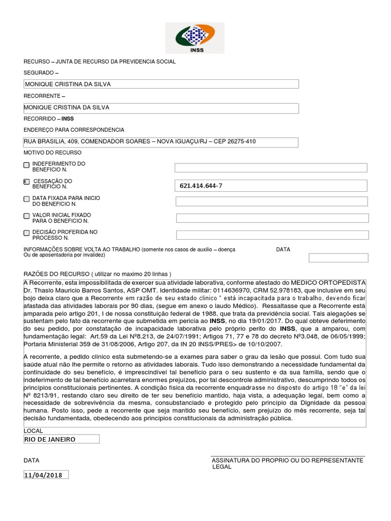 Formulario de Recurso Inss | PDF | Estatuto | Aposentadoria