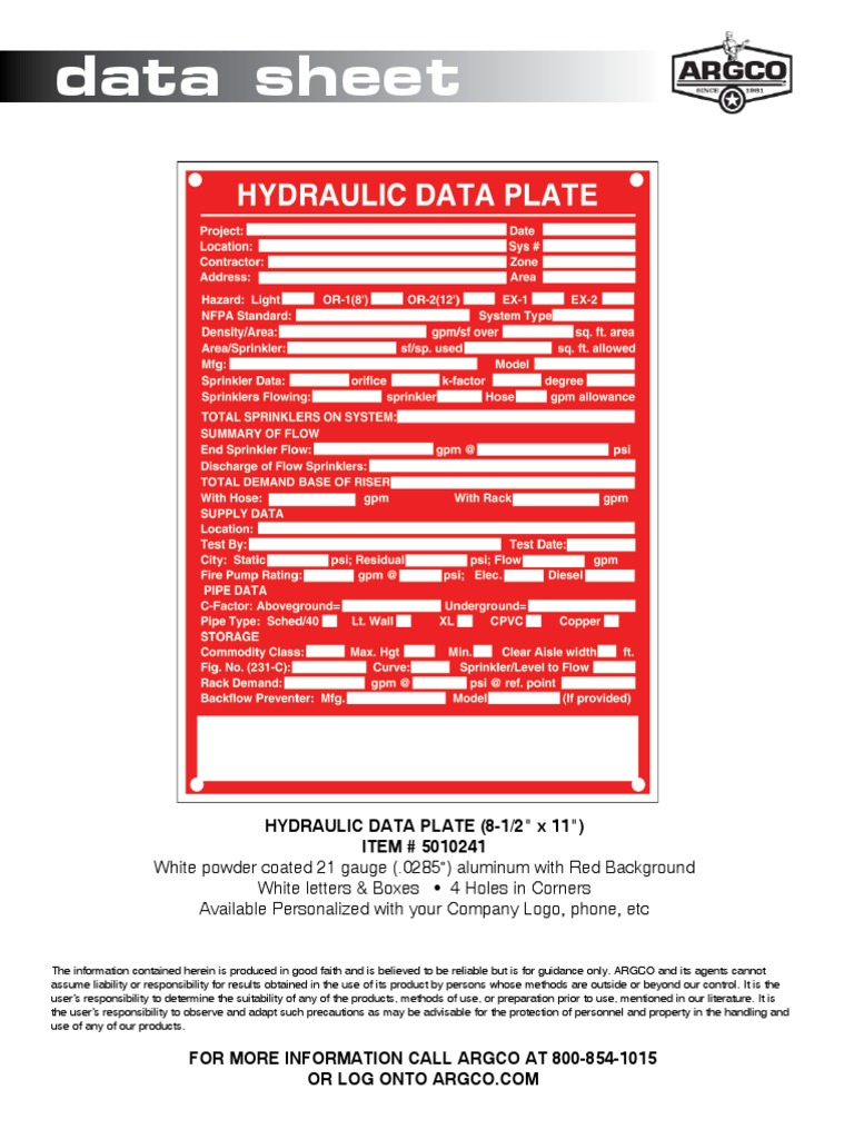 Data Sheet: HYDRAULIC DATA PLATE (8-1/2" X 11") ITEM # 5010241 | PDF
