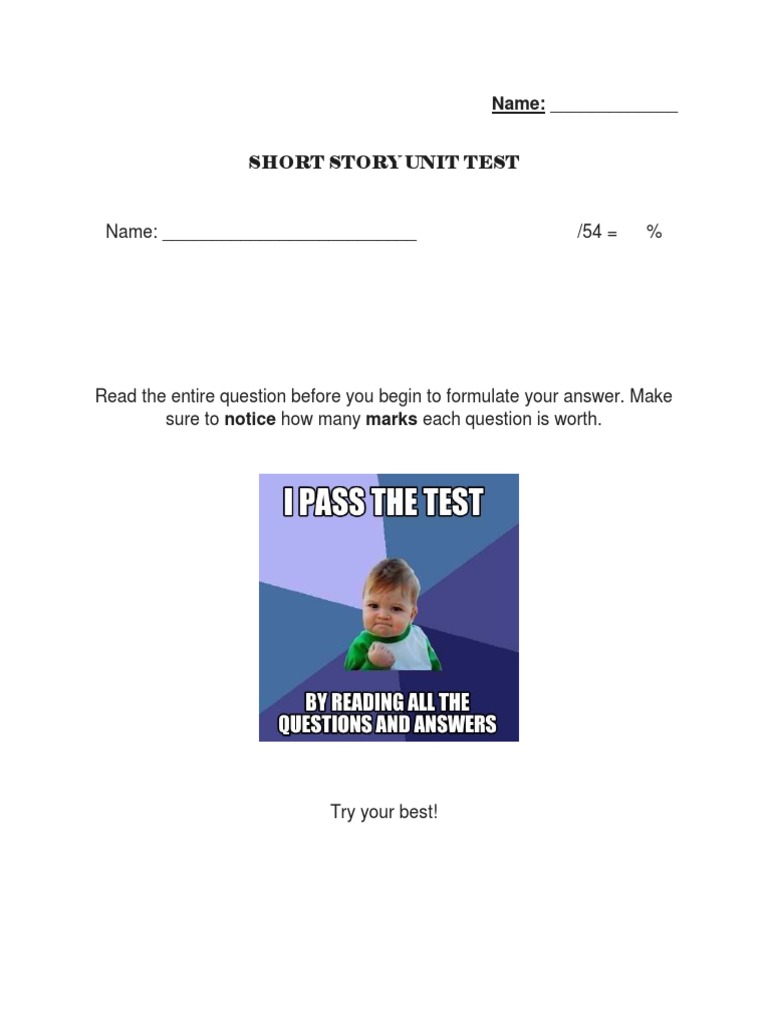 Short Story Unit Test Adapted | PDF | Narration