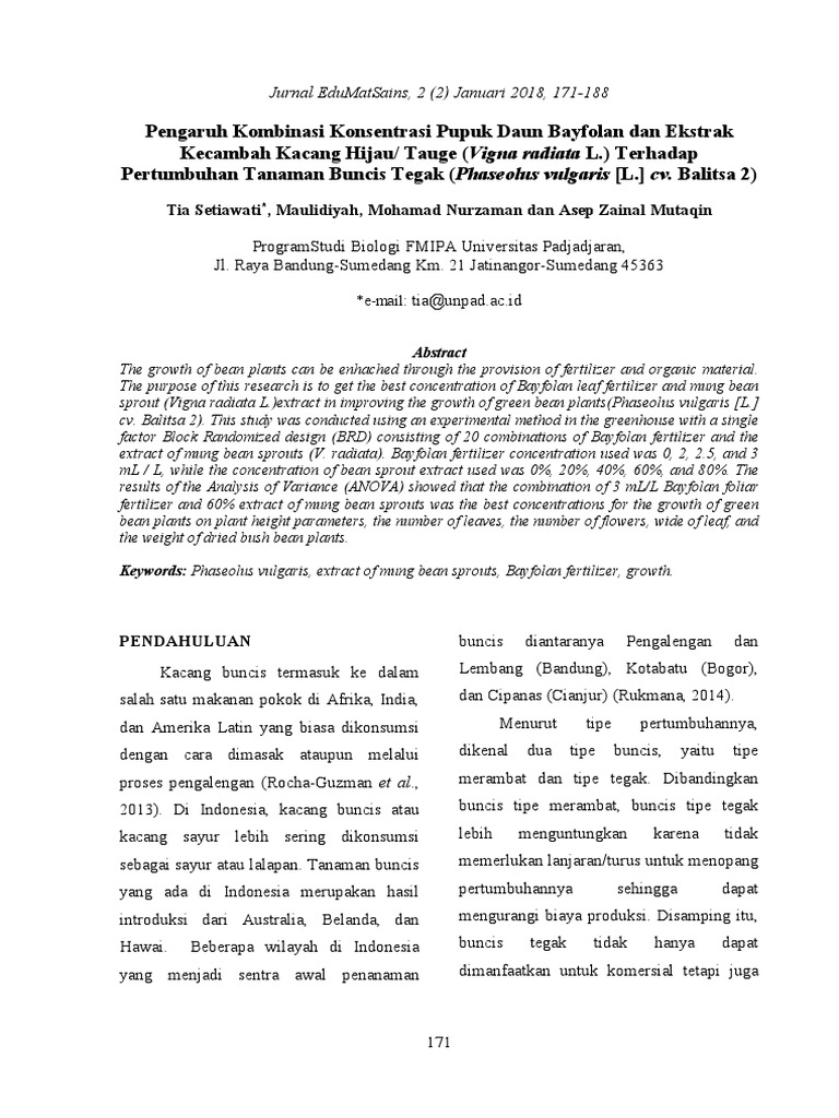 Pengaruh Kombinasi Konsentrasi Pupuk Daun Bayfolan Dan Ekstrak Kecambah Kacang Hijau/ Tauge ...