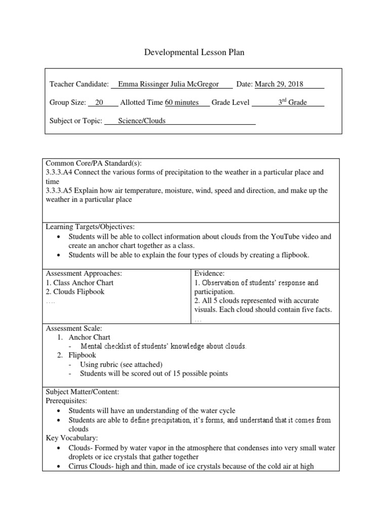 Developmental Lesson Plan | PDF | Cloud | Clouds, Fog And Precipitation