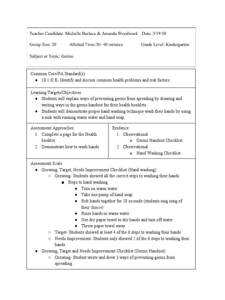 Germs Lesson Plan | PDF | Hand Washing | Educational Assessment