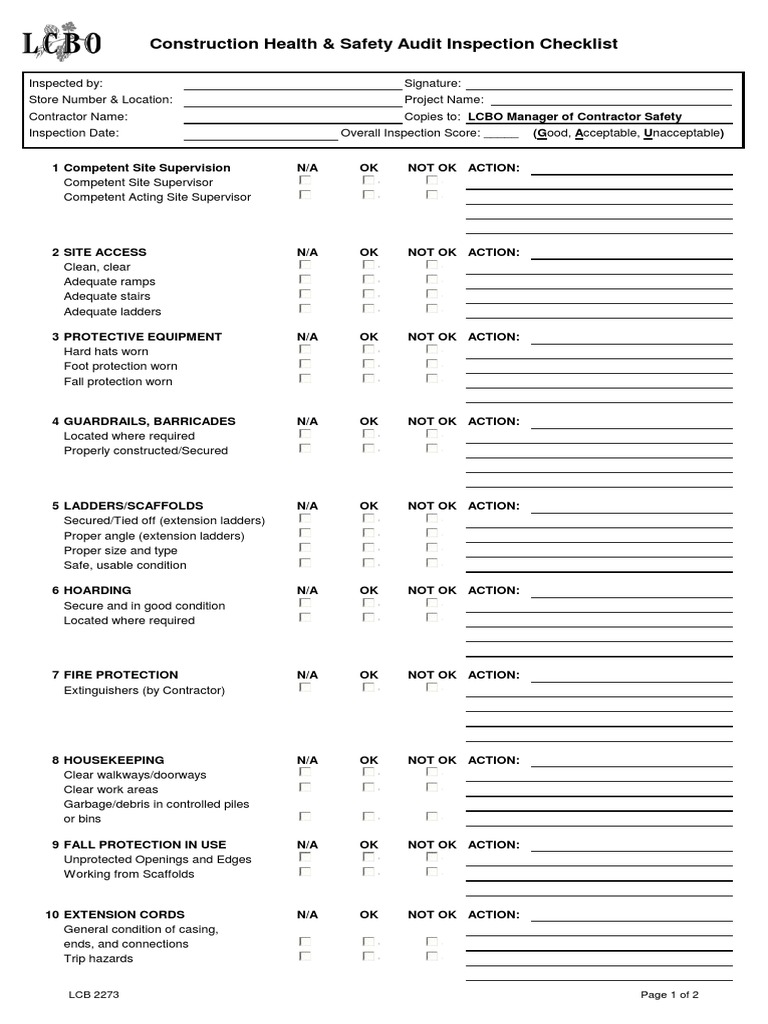 Construction Health & Safety Audit Inspection Checklist | PDF ...