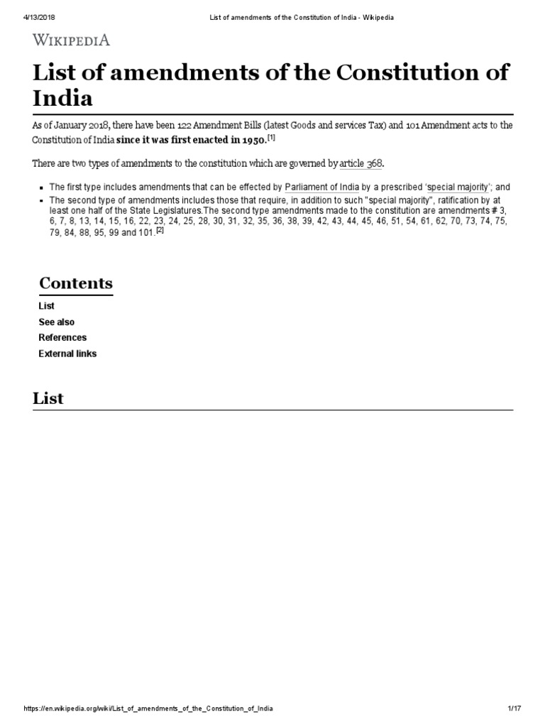 List of Amendments of The Constitution of India - Wikipedia | PDF ...