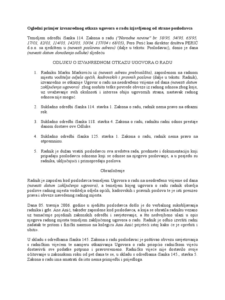 Ogledni Primjer Izvanrednog Otkaza Ugovora o Radu Izjavljenog Od Strane Poslodavca | PDF