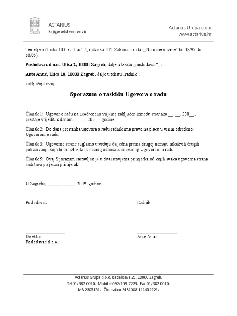 Sporazum o raskidu Ugovora o radu: Actarius