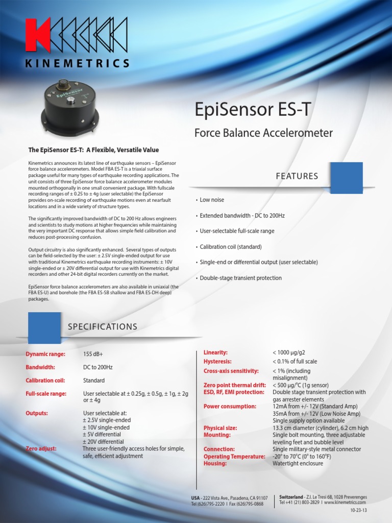 Datasheet Episensor Es T Force Balance Accelerometer Kinemetrics | PDF | Accelerometer | Amplifier