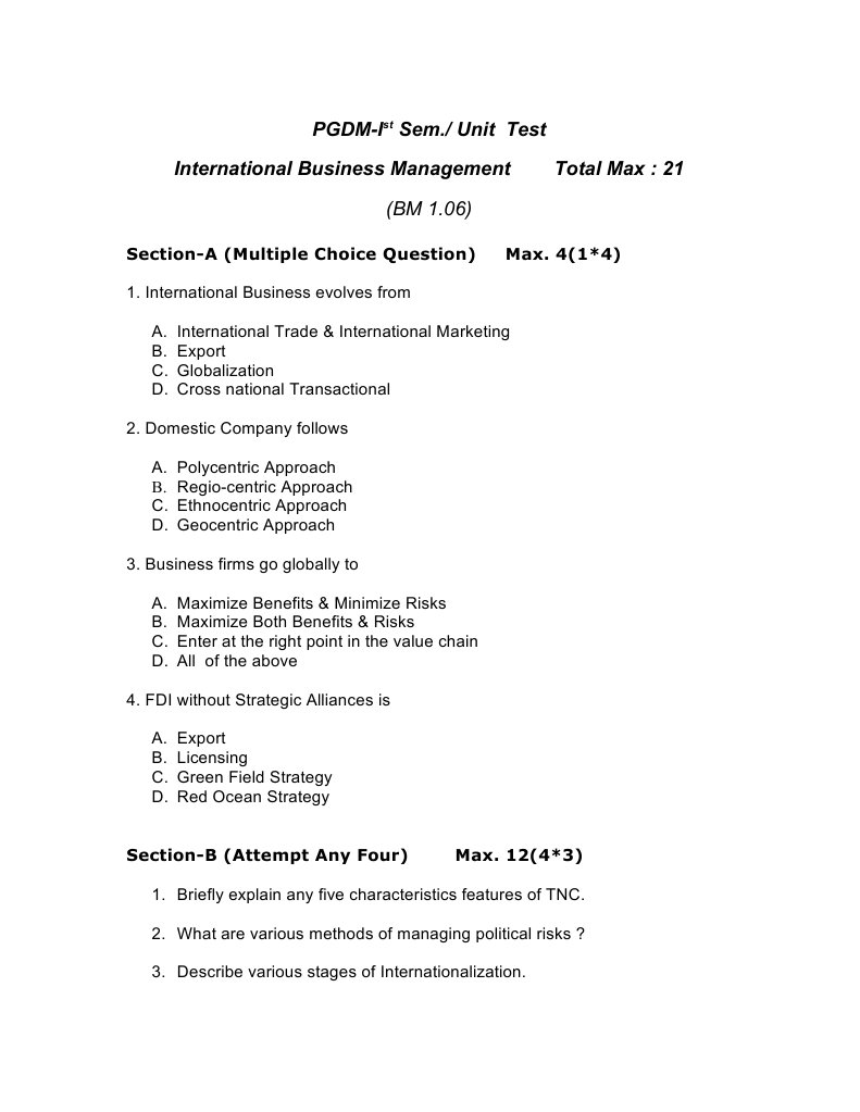 International Business Management Test | PDF | Business | Politics