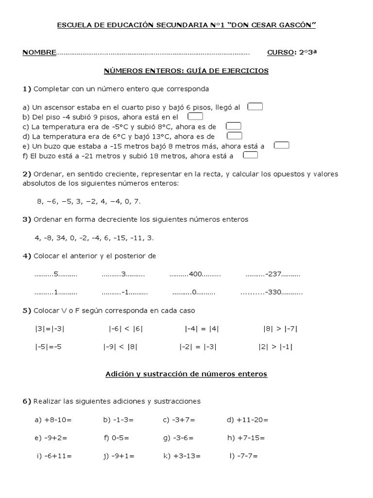 Guía de Enteros 2° Año | PDF | Entero | Números