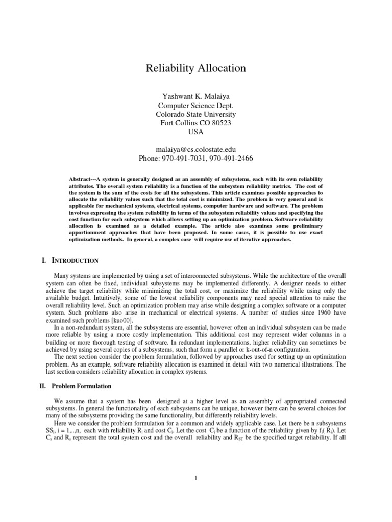 Reliability Allocation Pdf Reliability Engineering Mathematical Optimization