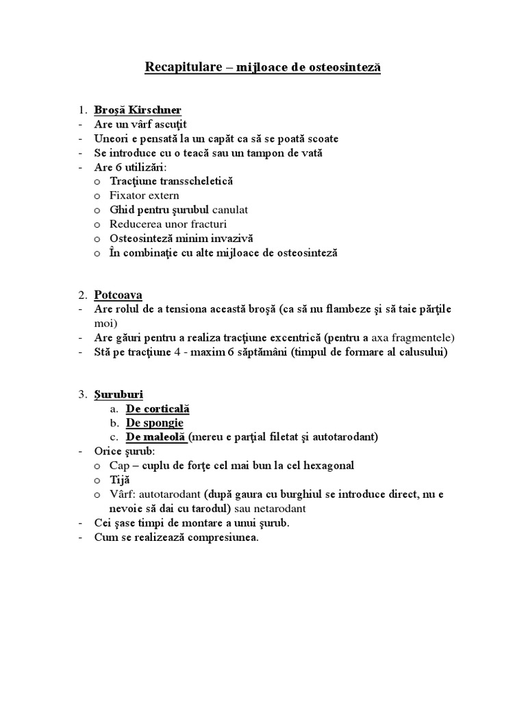 Microcurs 11 - Recapitulare Mijloace de Osteosinteza | PDF