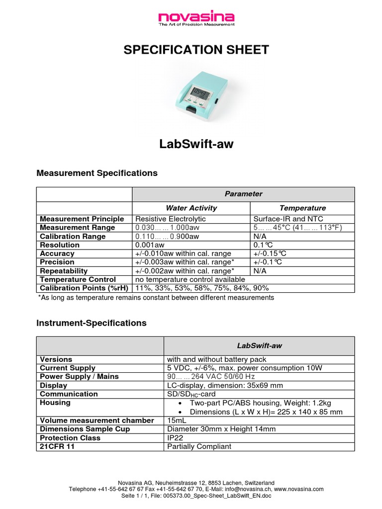 Specification Sheet: Measurement Specifications | PDF