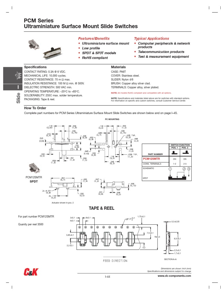 PCM Series Ultraminiature Surface Mount Slide Switches: Features ...
