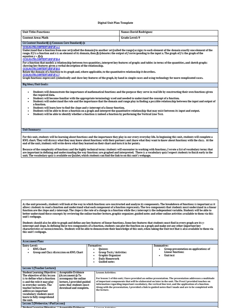 Digital Unit Plan Template Unit Title: Functions Name: David Rodriguez ...
