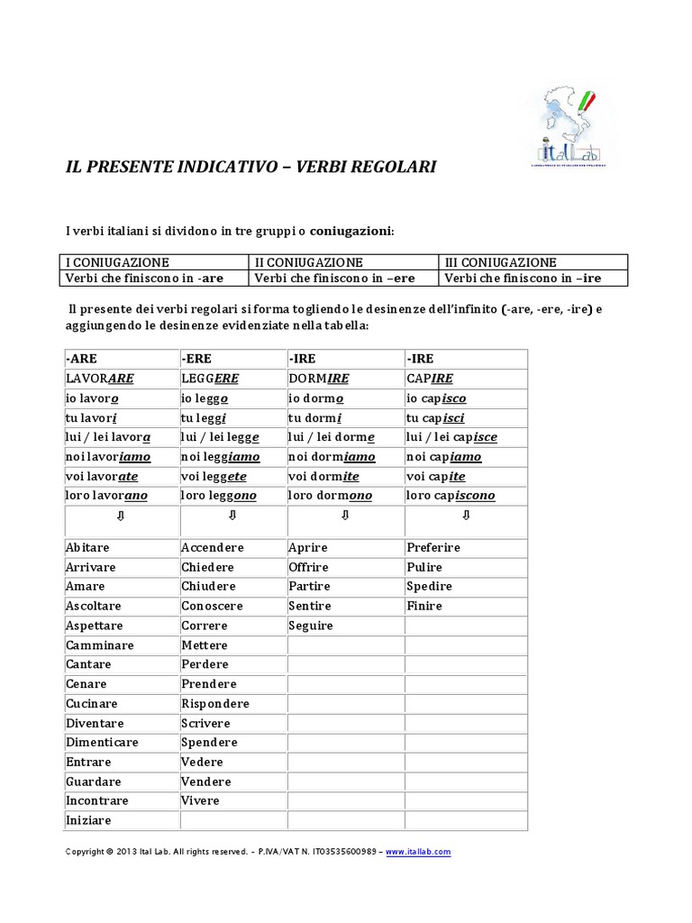 A - Presente Indicativo Verbi Regolari PDF | PDF
