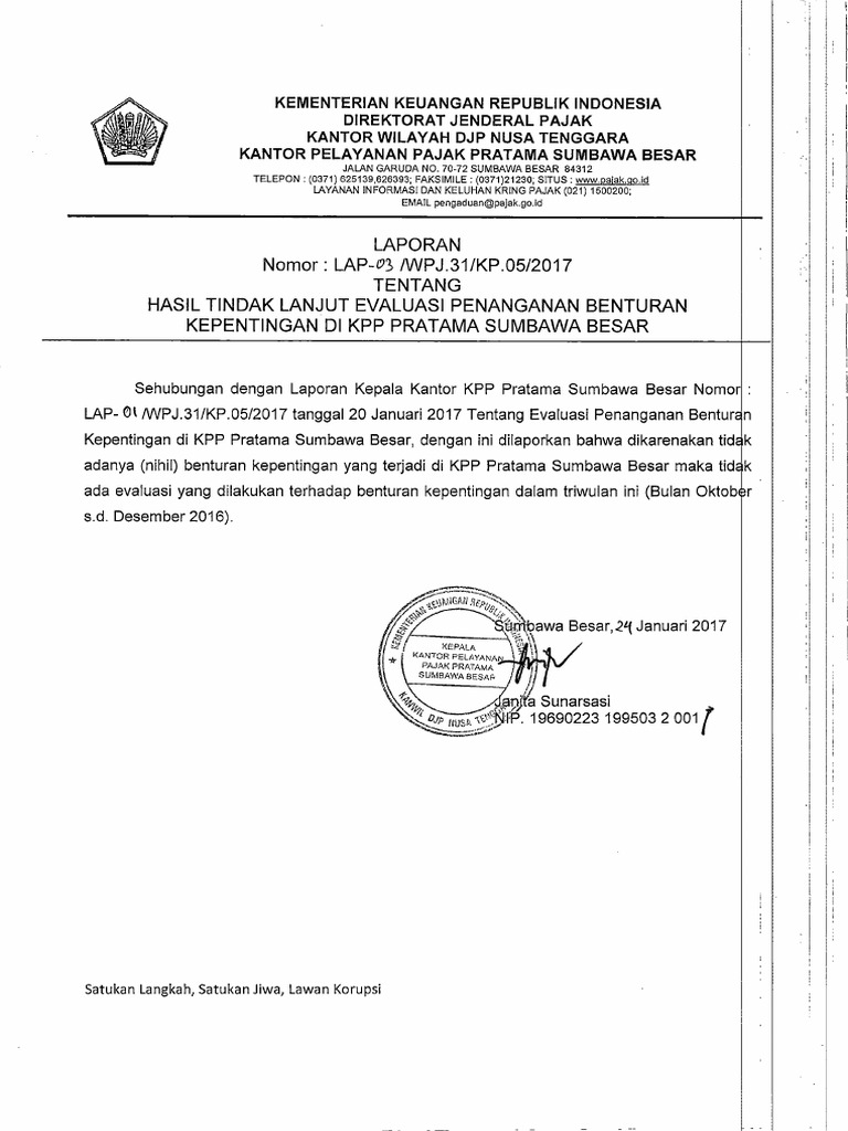 Lap Tindak Lanjut Benturan Kepentingan - KPP | PDF