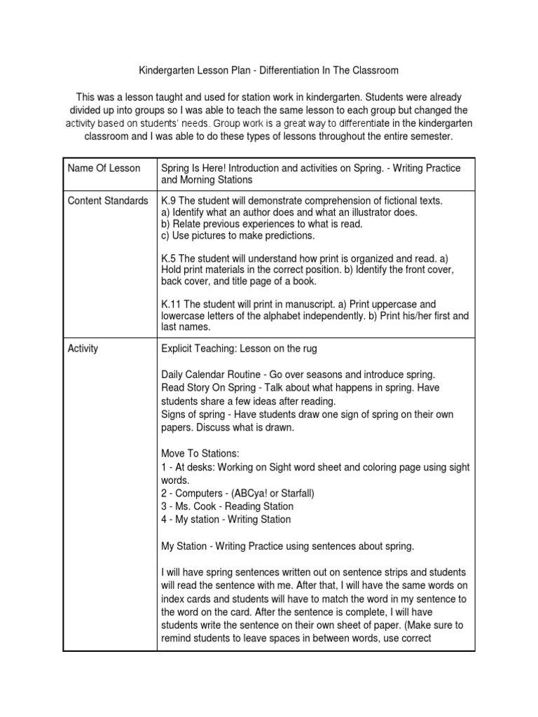 Kindergarten Differentiation Lesson Plan | PDF | Letter Case | Lesson Plan