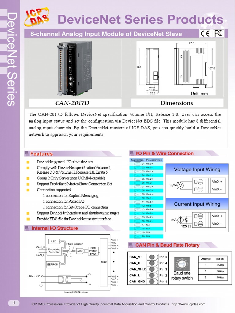 Can-2017D: 8-Channel Analog Input Module of Devicenet Slave | PDF | Switch | Input/Output