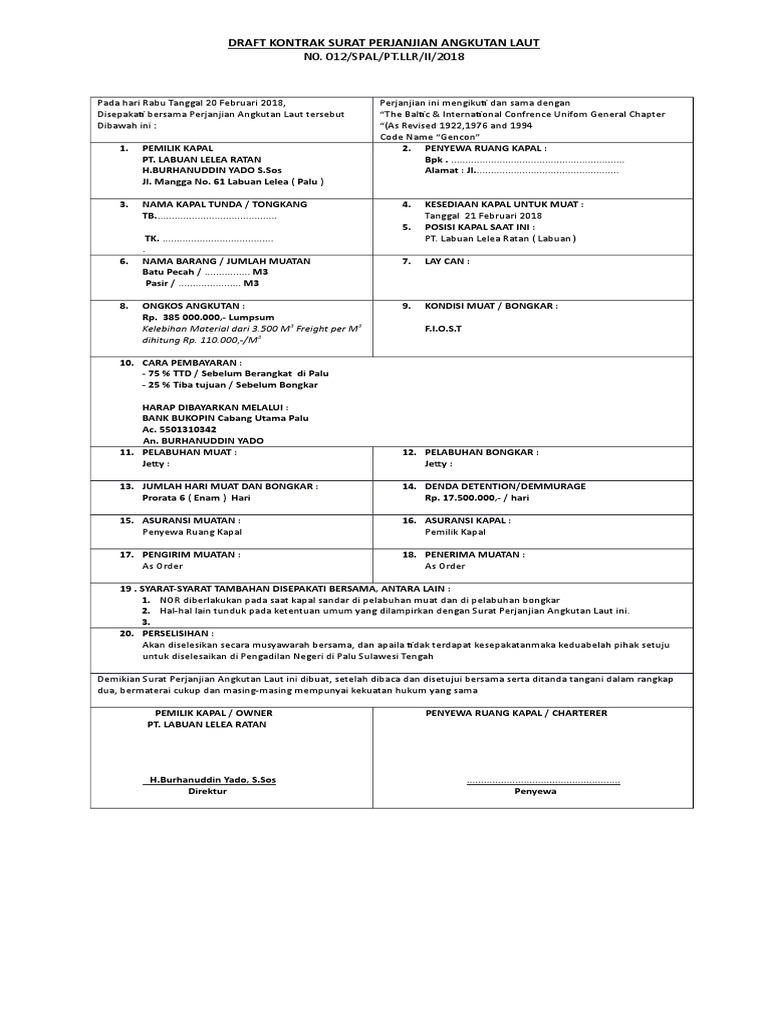 Surat Perjanjian Angkutan Laut 2018 | PDF