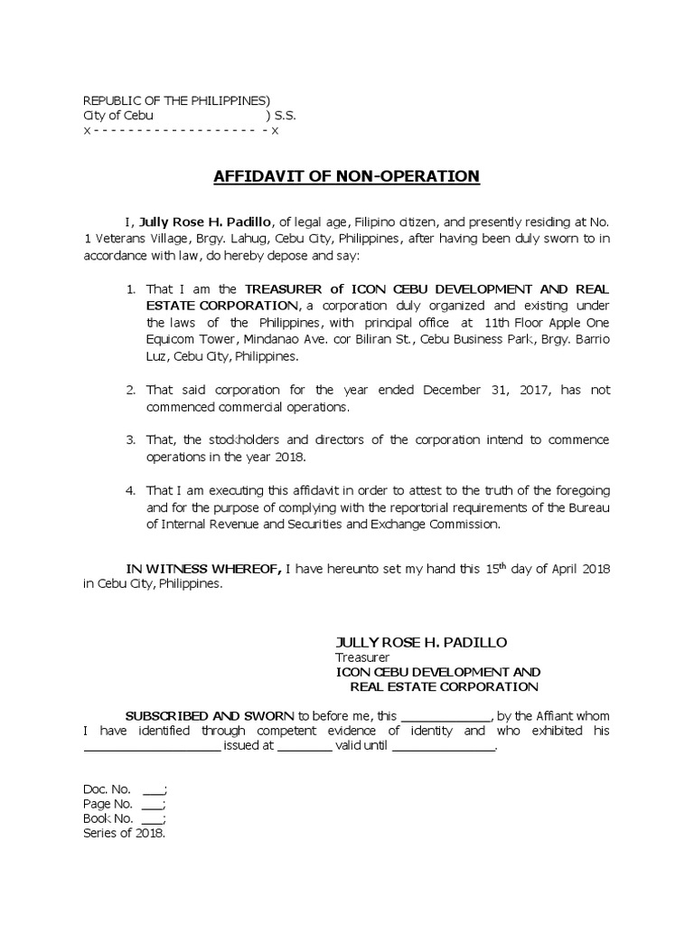 Affidavit of Non-Operation for ICON Cebu | PDF