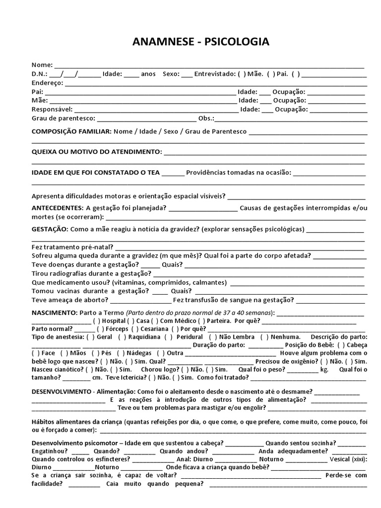 Modelo Anamnese Psicologia Autista Tea