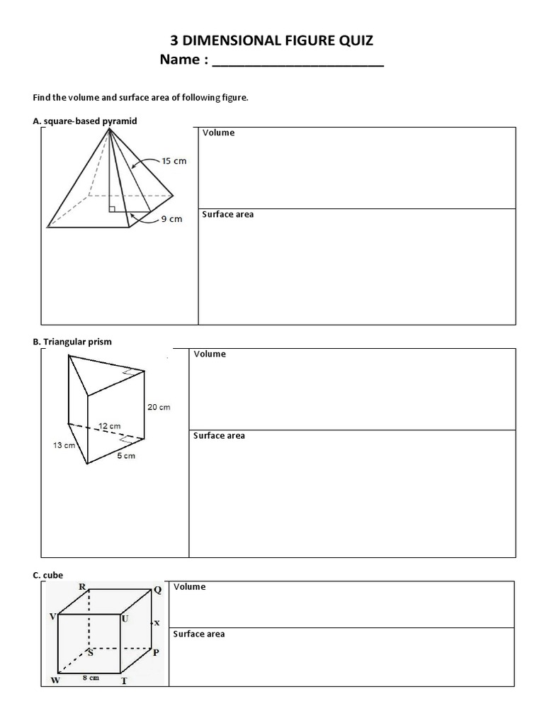 3D Figure Volume & Surface Area Quiz | PDF
