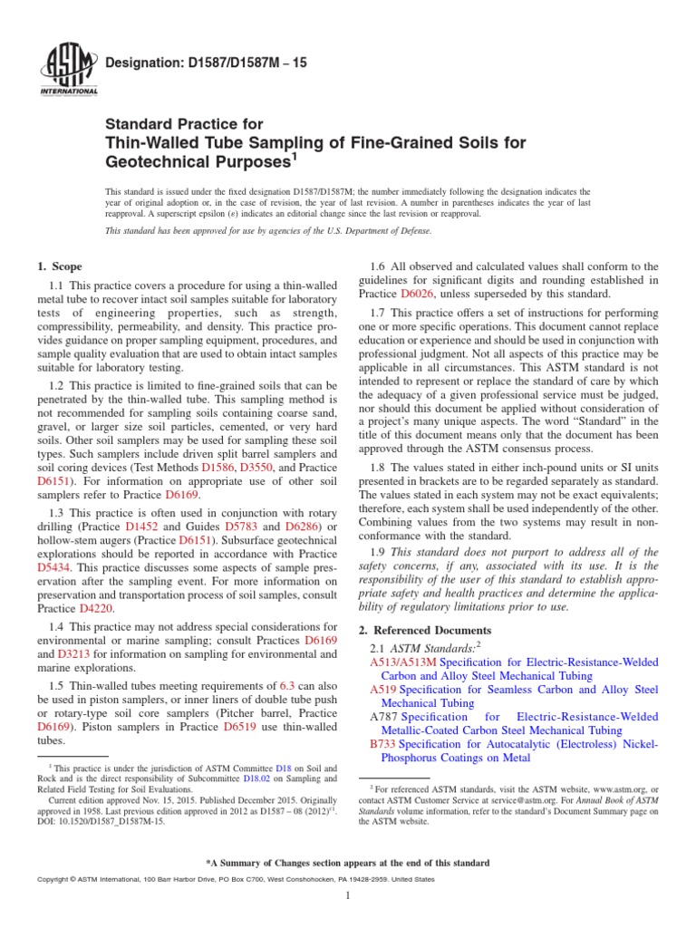 ASTM D1587 Standard Practice For Thin-Walled Tube Sampling of Fine ...