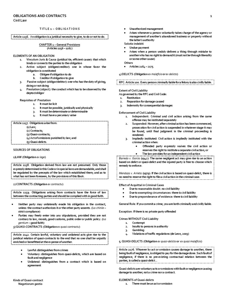 Civil Law - Obligations and Contracts Reviewer (Part 1) | PDF | Negligence | Law Of Obligations