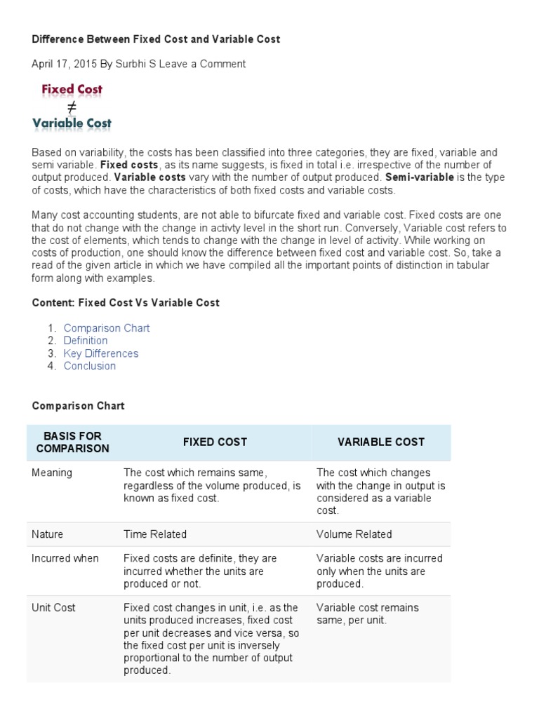 Difference Between Fixed Cost and Variable Cost | PDF | Cost | Business ...