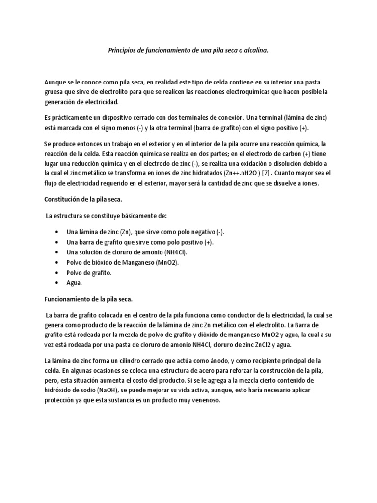Funcionamiento y componentes clave de las pilas secas o alcalinas | PDF ...