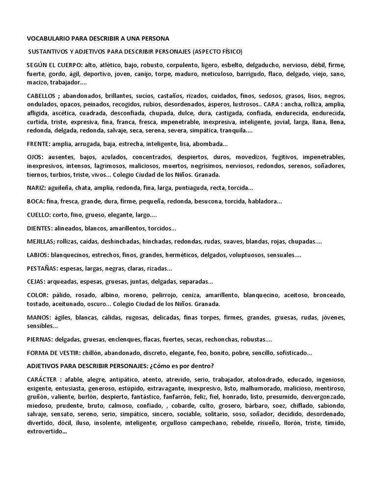 Vocabulario para Describir Personas | PDF | Cocina, comidas y vino ...