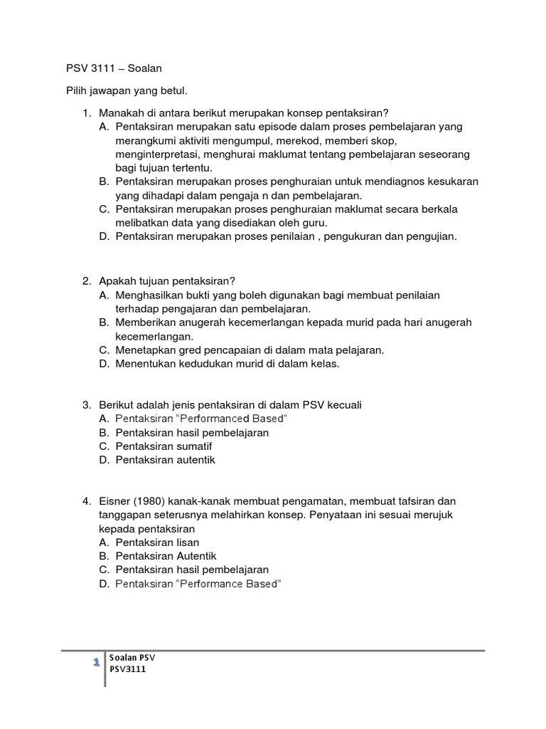 Soalan Pentaksiran PSV | PDF