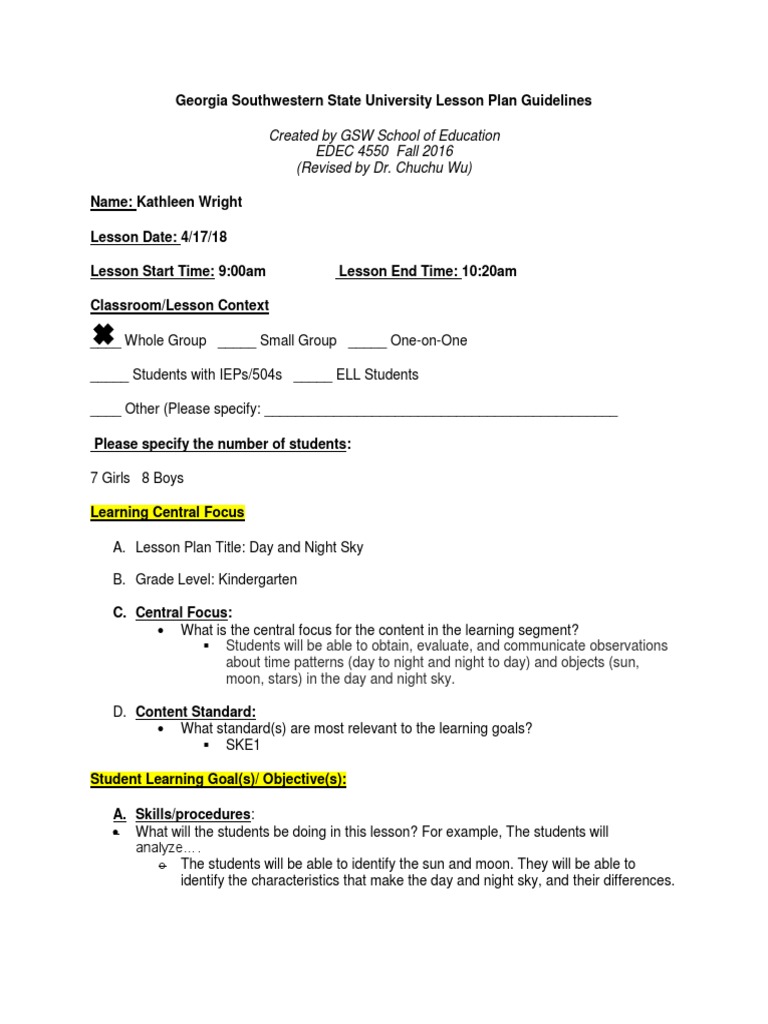 Day and Night Lesson Plan for Kindergarten | PDF | Psychotherapy ...