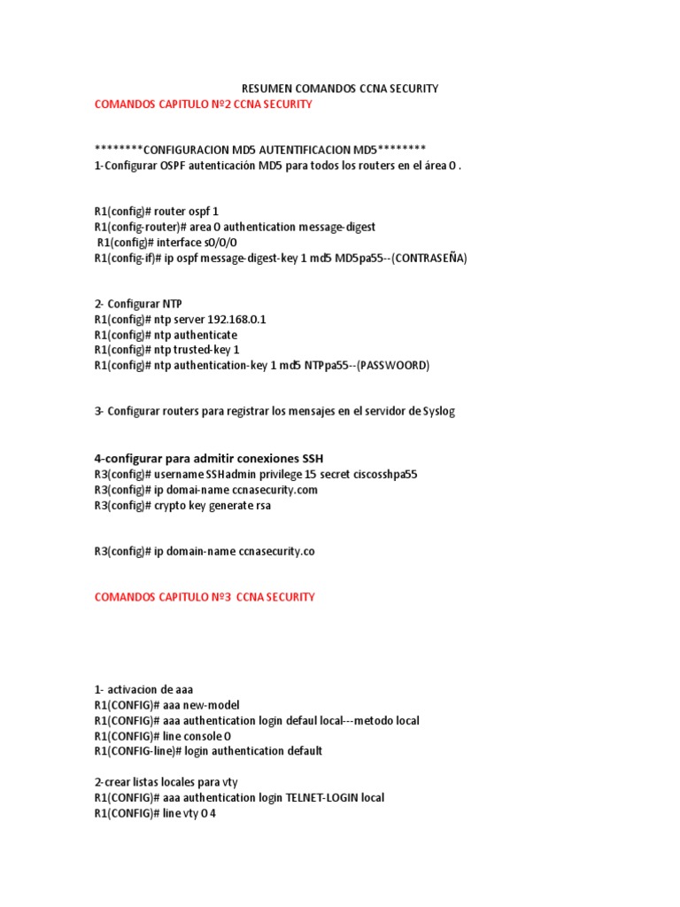Comandos clave de CCNA Security con descripción de configuraciones | PDF | Cubierta segura ...