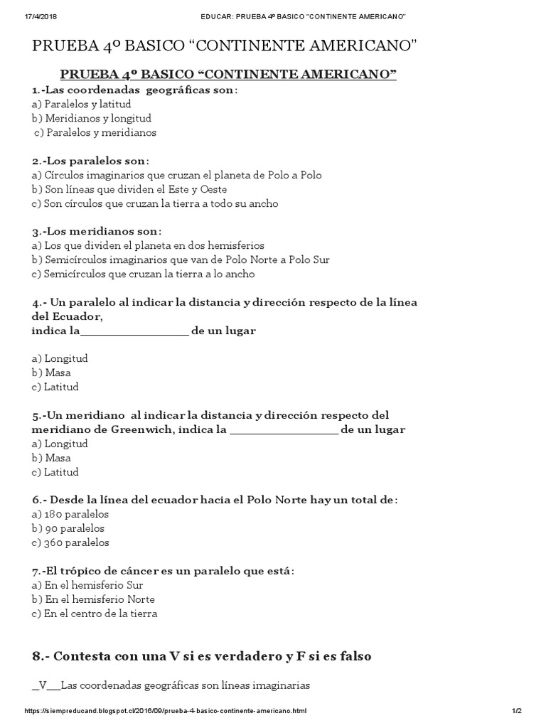 Educar - Prueba 4º Basico "Continente Americano" | PDF | Américas | Ecuador