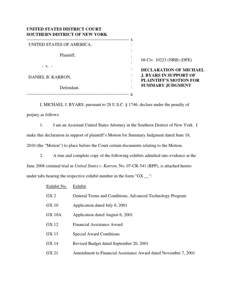 Karron MSJ Byars Declaration FINAL | Summary Judgment | United States ...