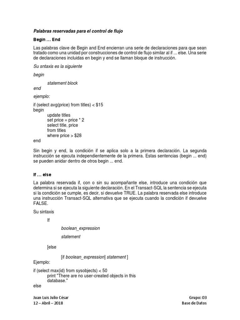 Palabras Reservadas para El Control de Flujo SQL | PDF | Flujo de control | SQL