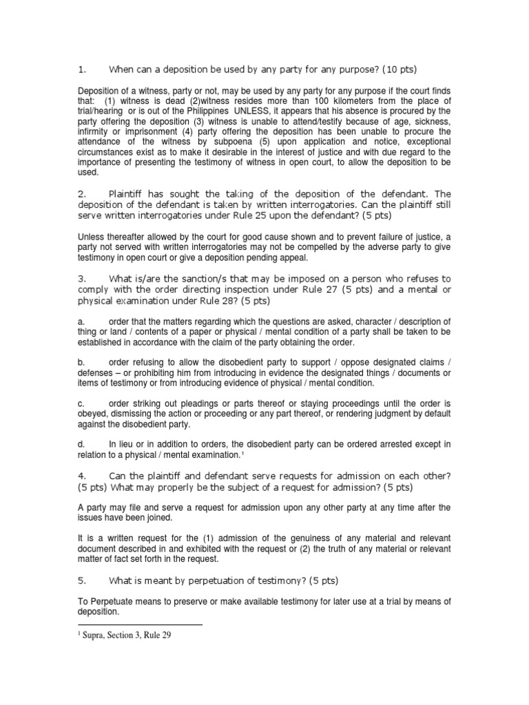 Civil Pro Quiz Modes of Discovery | PDF | Deposition (Law) | Civil Law ...