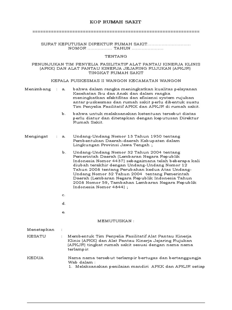 Contoh SK Penyelia Fasilitatif Apkk Dan Apkr Rs | PDF