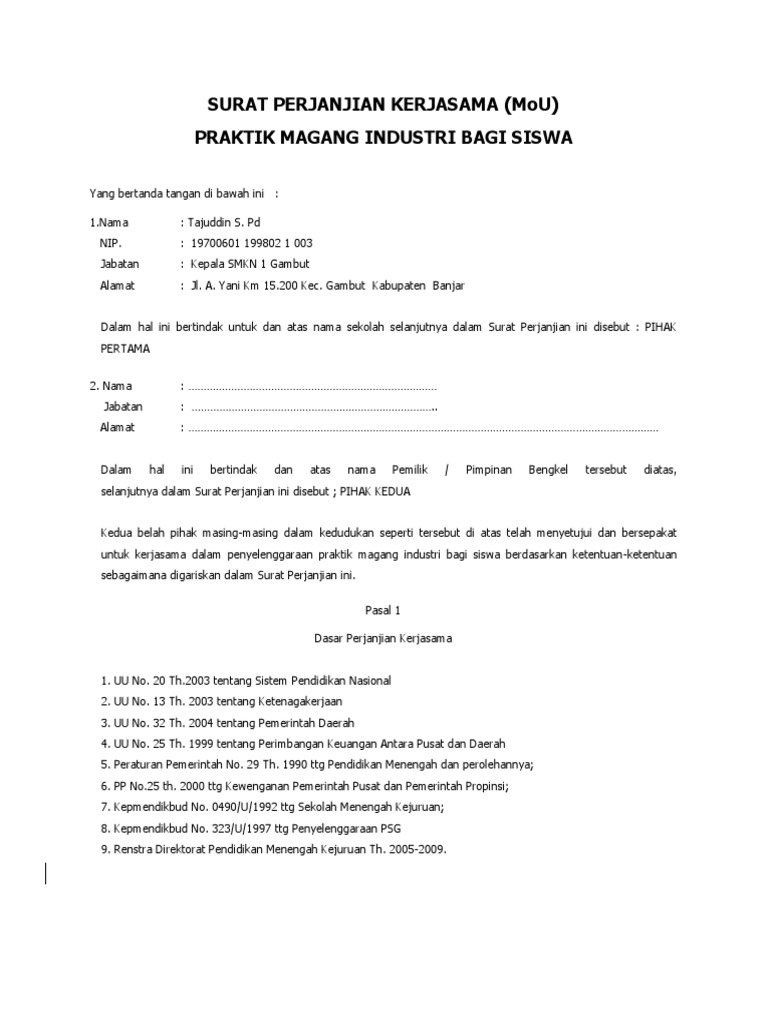 MoU Praktik Magang Siswa SMKN 1 Gambut | PDF