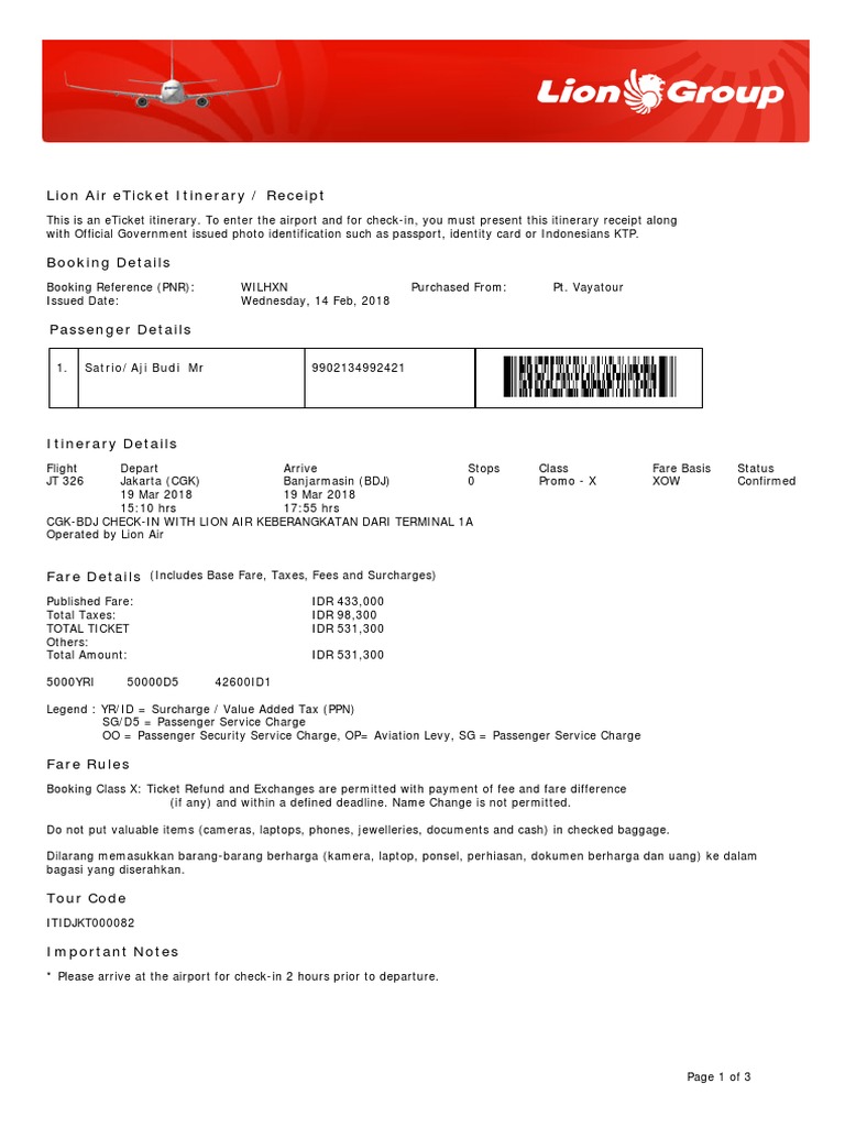 E-Tiket Lion Air-Jakarta Banjarmasin-Aji Budi Satrio-19mar18 | PDF | Identity Document | Fee