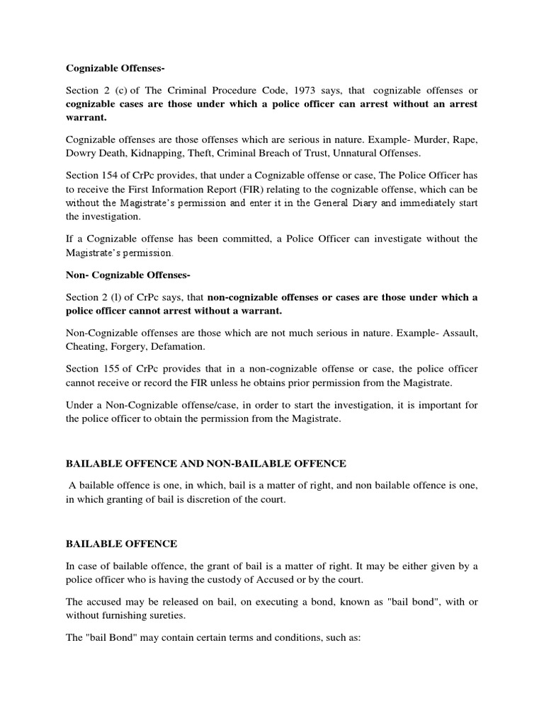 Cognizable Offenses | PDF | Bail | Crime & Violence
