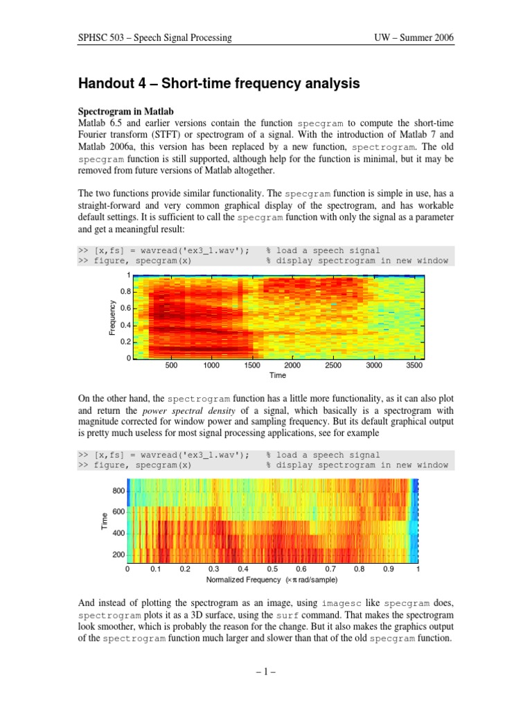 Handout 4 - Short-Time Frequency Analysis: Spectrogram in Matlab | PDF ...