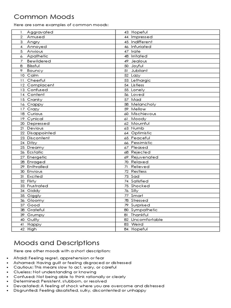 Common Moods | PDF | Feeling | Mood (Psychology)