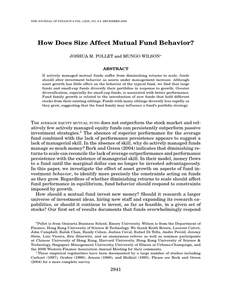 How Does Size Affect Mutual Fund Behavior?: Joshua M. Pollet and Mungo ...