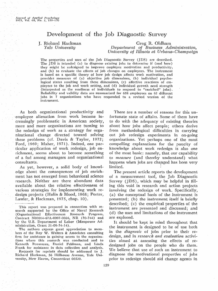 Hackman & Oldham1975 - Development of The JDS | PDF | Motivation ...