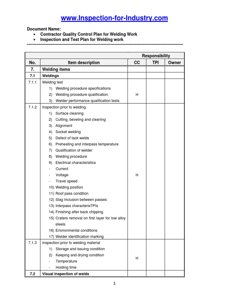 Contractor Quality Control Plan For Welding Work | PDF | Welding ...