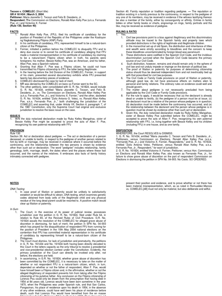 Tecson v. COMELEC (Family pedigree evidence | PDF | Commission On ...